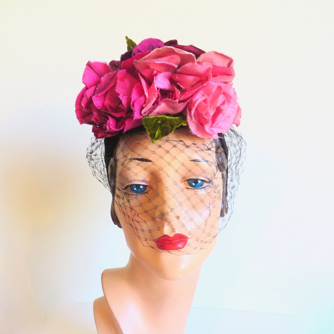 1940's Magenta Pink Rose Floral Cage Hat Fascinator With Veil WW2 Era ...