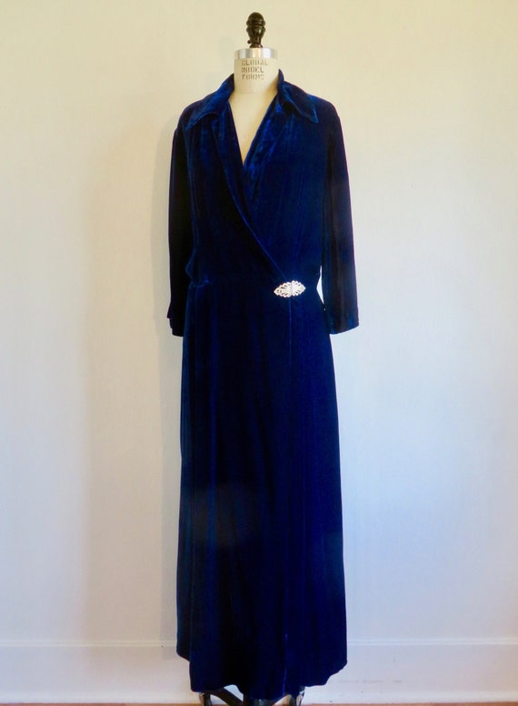 1930's Art Deco Royal Blue Silk Velvet Long Maxi Robe… - Gem