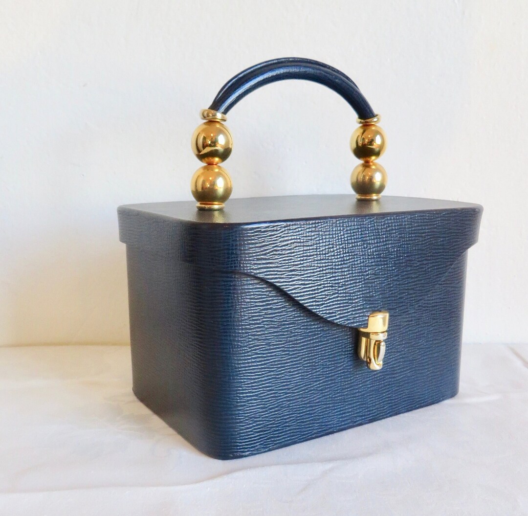 Navy Blue Leather Box Purse Train Case Gold Metal Hardware Balls Trim ...