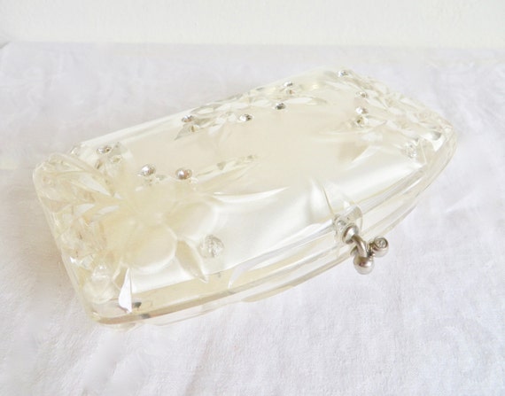 1950's Clear Lucite Plastic Clutch with Rhinestones S… - Gem