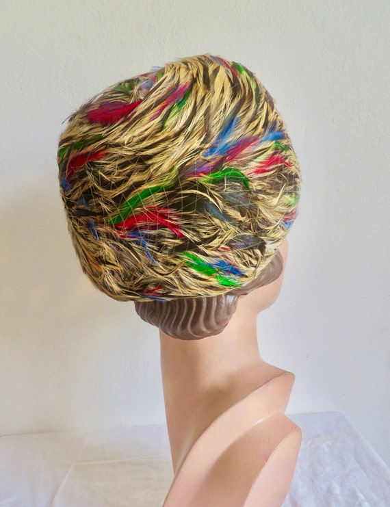 1960's Multicolor Feather Turban Calot Hat Mod Retro … - Gem