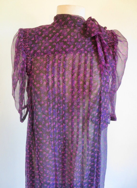 1970's Purple Violet and Black Floral Print Silk Chif… - Gem