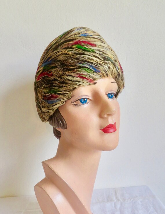 1960's Multicolor Feather Turban Calot Hat Mod Retro … - Gem