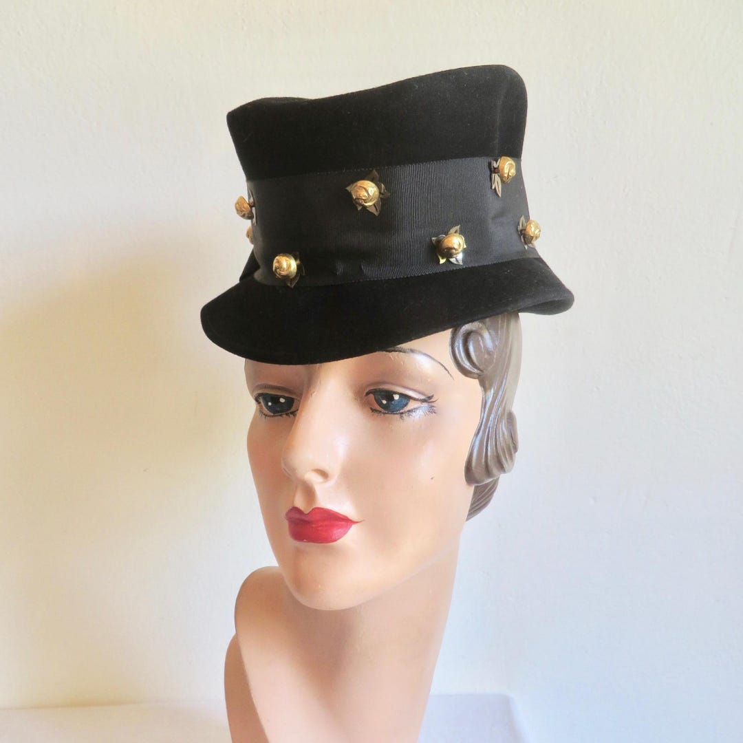 1940's Black Felt Tilt Topper Suitor Hat Gold Studs Equestrian Riding ...