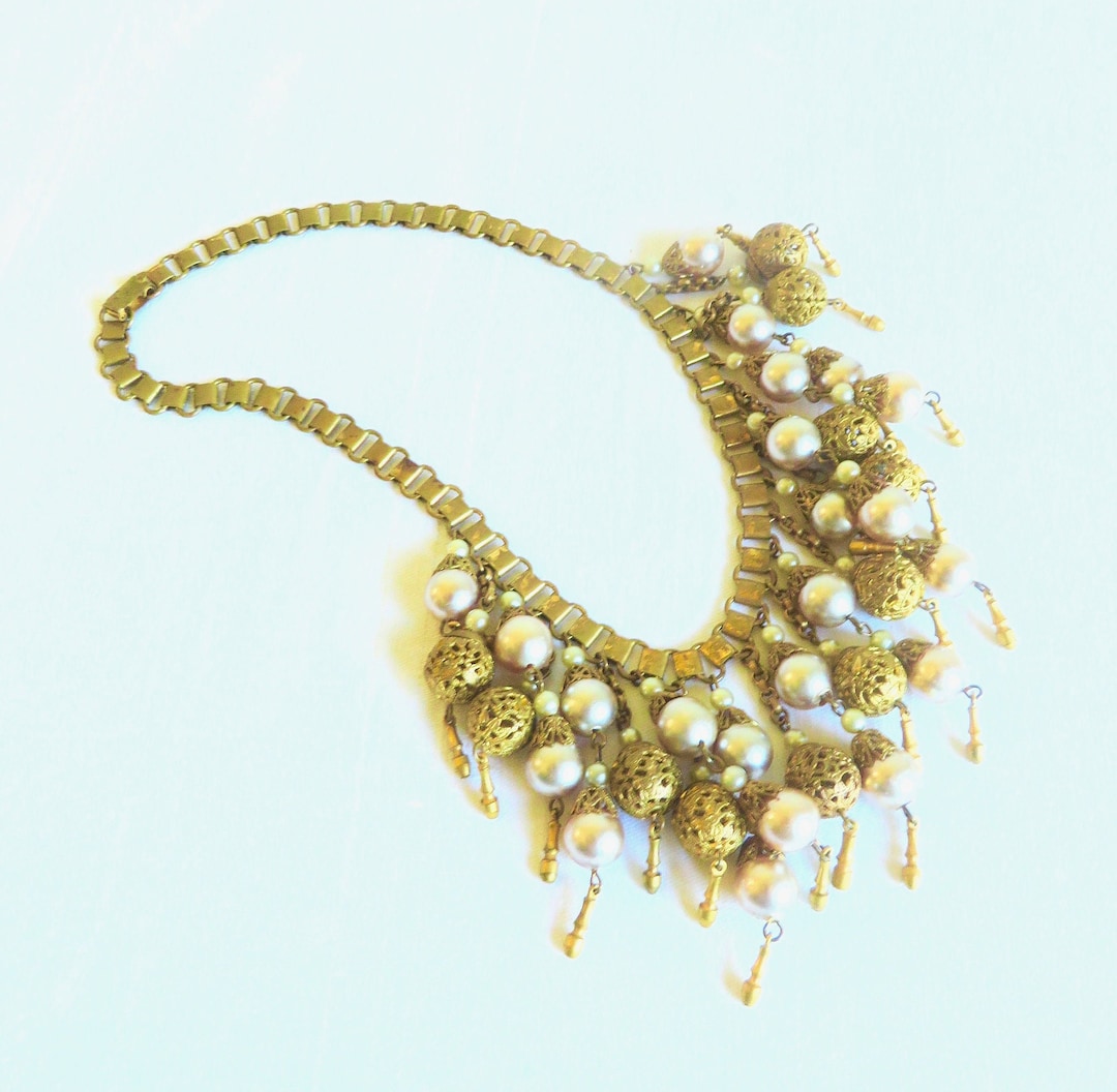 1940's Coro Brass Book Chain Dangle Pearl and Filigree Gold Balls Bib ...