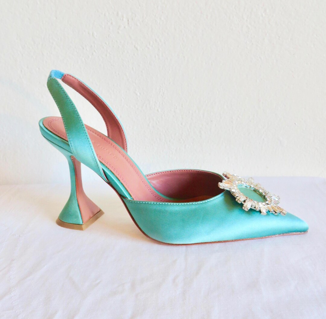 Size 39, 8.5 Amina Muaddi Louis XIV Style Aqua Blue Satin Slingback Heels French Court Heel ...