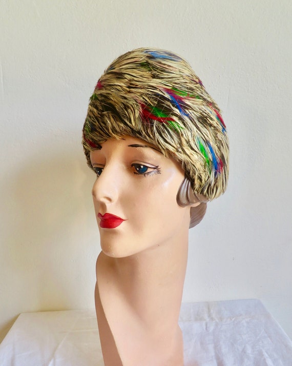1960's Multicolor Feather Turban Calot Hat Mod Retro … - Gem