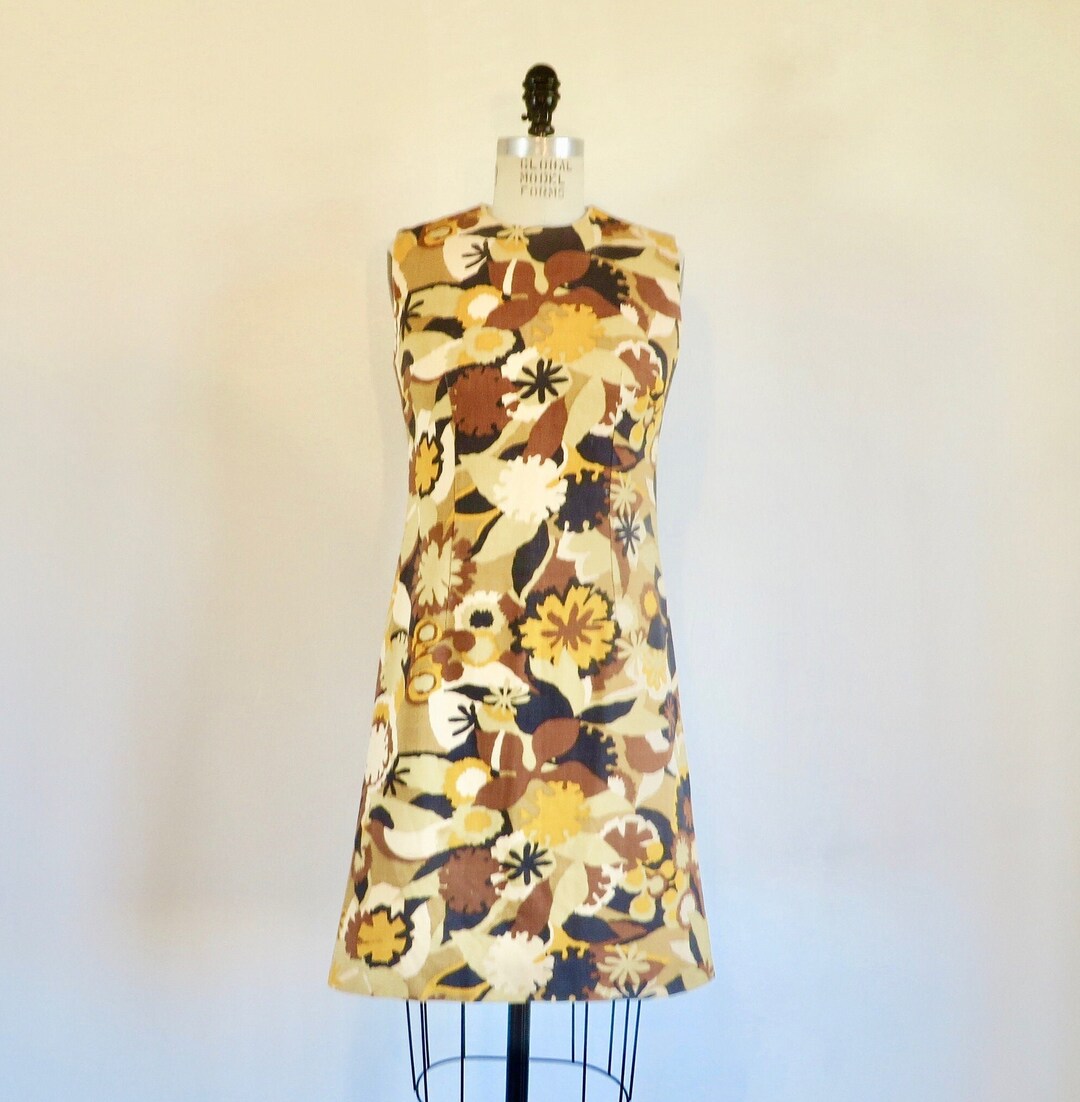 1960's Mod Mustard Yellow Brown Floral Camouflage Sheath Mini Dress ...