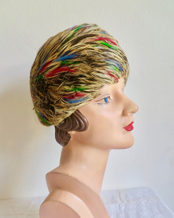 1960's Multicolor Feather Turban Calot Hat Mod Retro … - Gem