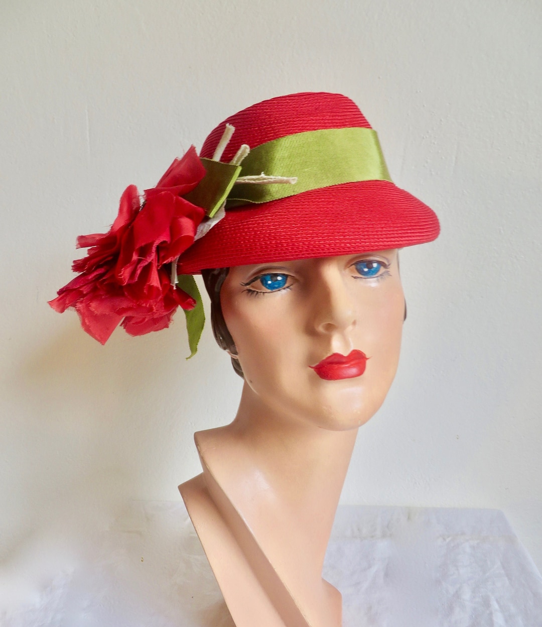 1950s Red Straw Brim Hat, Silk Flowers, Size 22 - Etsy