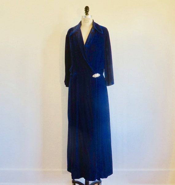 1930's Art Deco Royal Blue Silk Velvet Long Maxi Robe… - Gem