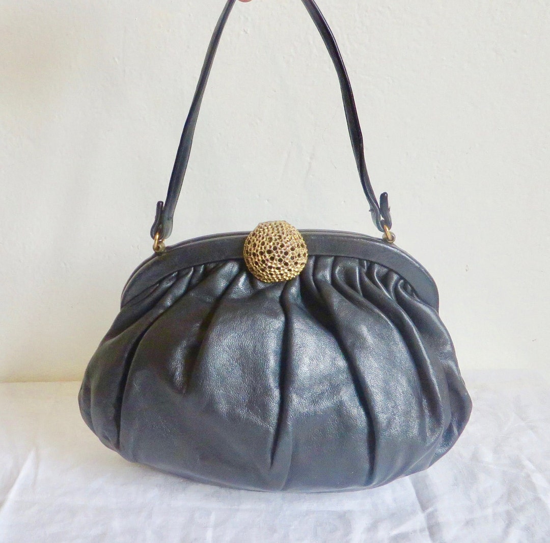 1960's Black Leather Purse Top Handle Gold Metal Clasp Retro Mod 60's ...