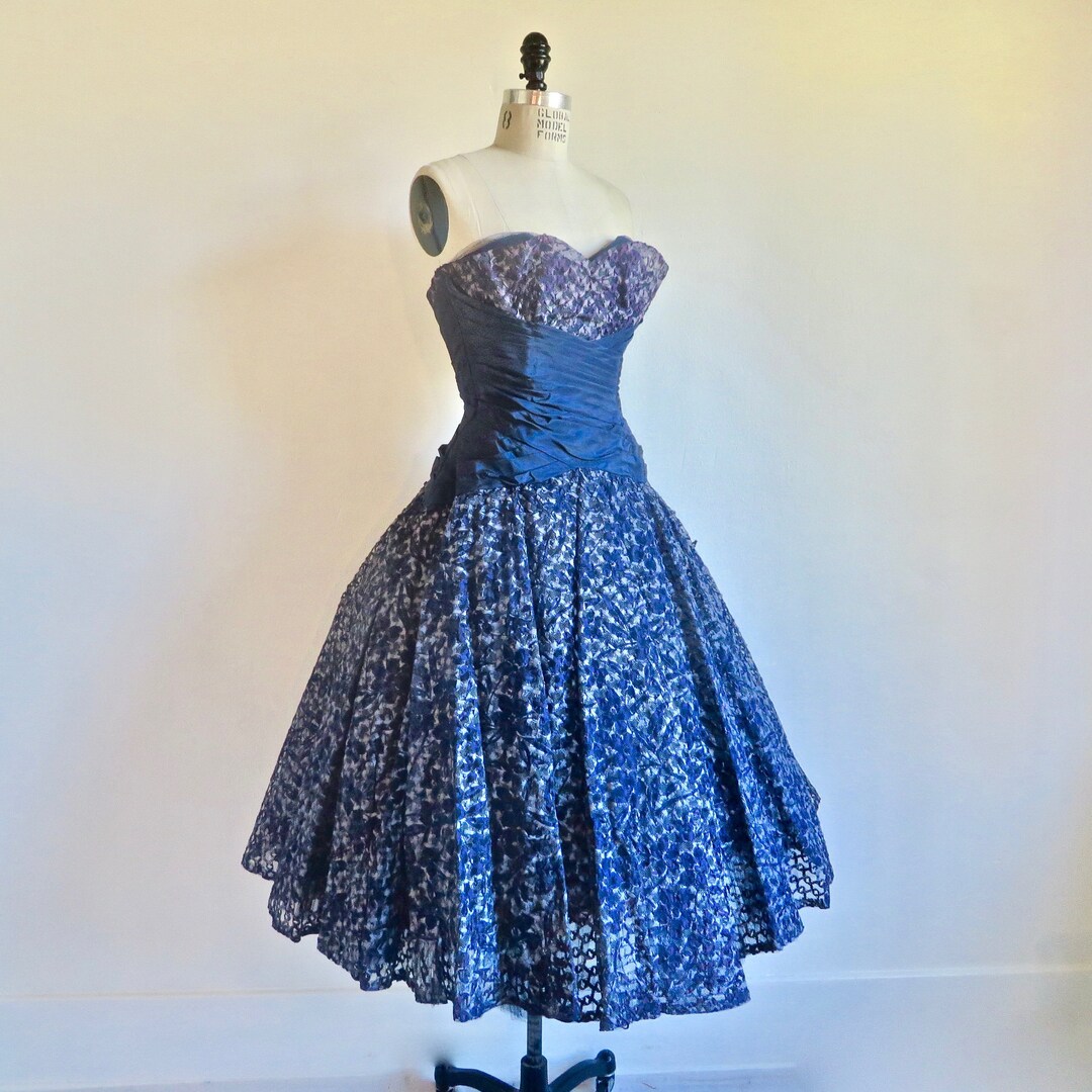 1950's Navy Blue Lace Ribbon Soutache Strapless Bustier Party Dress ...