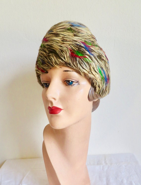 1960's Multicolor Feather Turban Calot Hat Mod Retro … - Gem