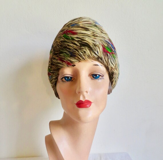 1960's Multicolor Feather Turban Calot Hat Mod Retro … - Gem