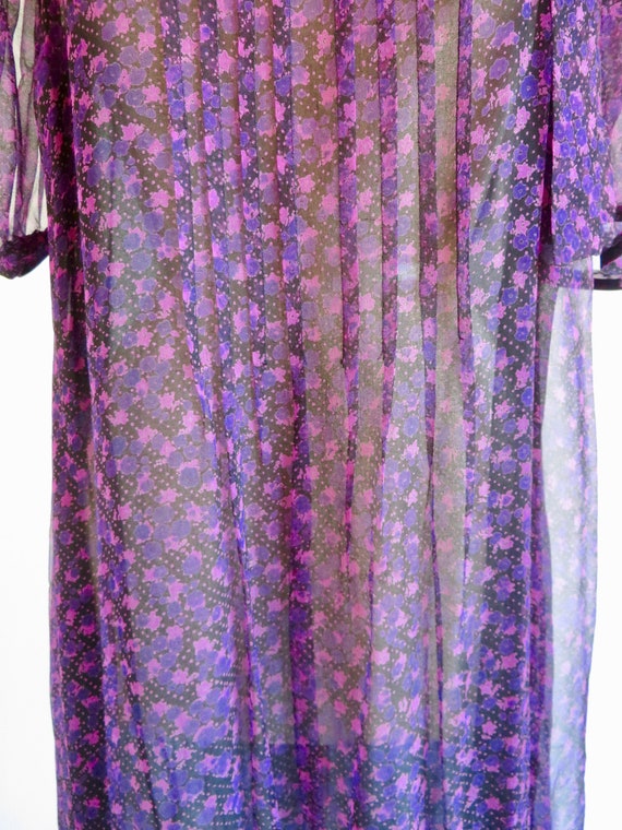 1970's Purple Violet and Black Floral Print Silk Chif… - Gem