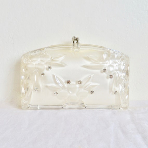 1950's Clear Lucite Plastic Clutch with Rhinestones S… - Gem