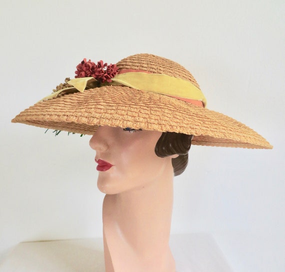 1950's Caramel Straw Wide Brim Hat with Felt Flowers … - Gem