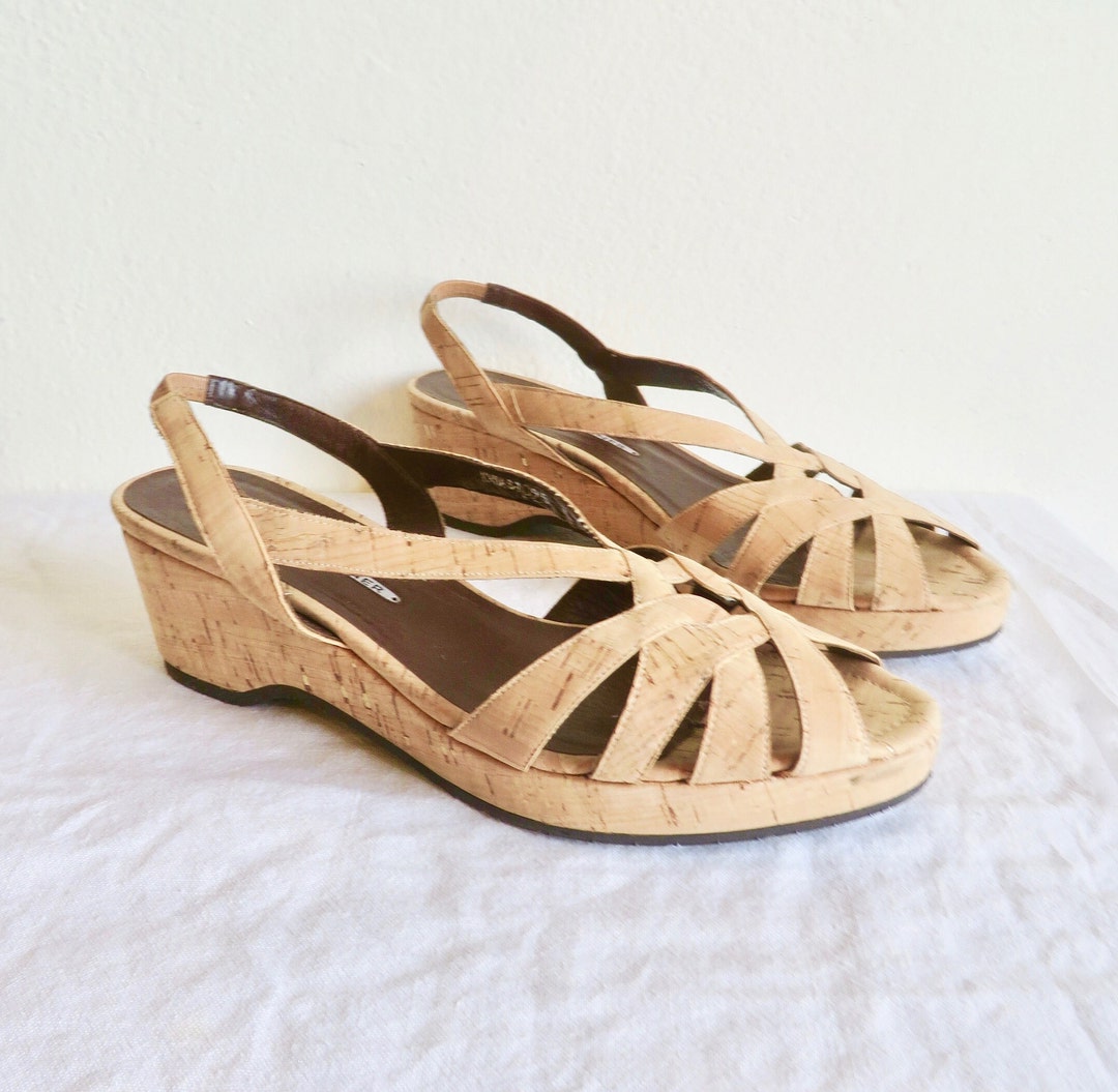 1940's Style Size 9.5 Cork Leather Strappy Flat Wedge Sandal Shoes ...