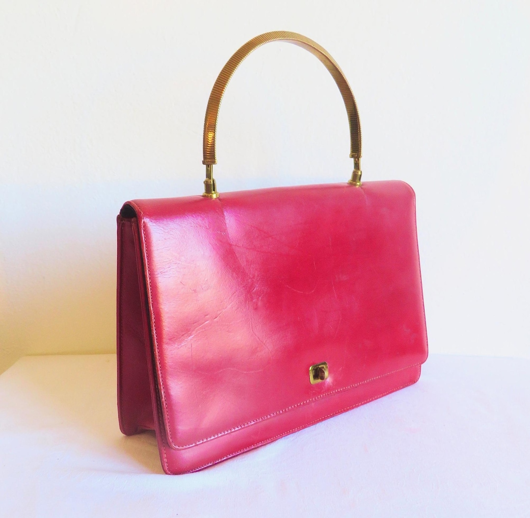 1960's Red Leather Structured Purse Gold Metal Top Handle Rectangular ...