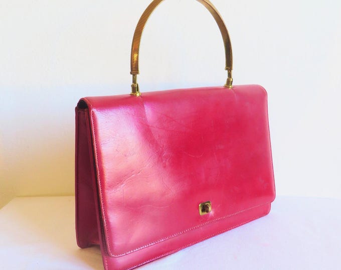 1960's Red Leather Structured Purse Gold Metal Top Handle Rectangular ...
