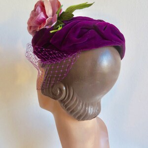 1950'S Plum Purple Velvet Fascinator Hat Pink Fabric Flowers Trim Face ...