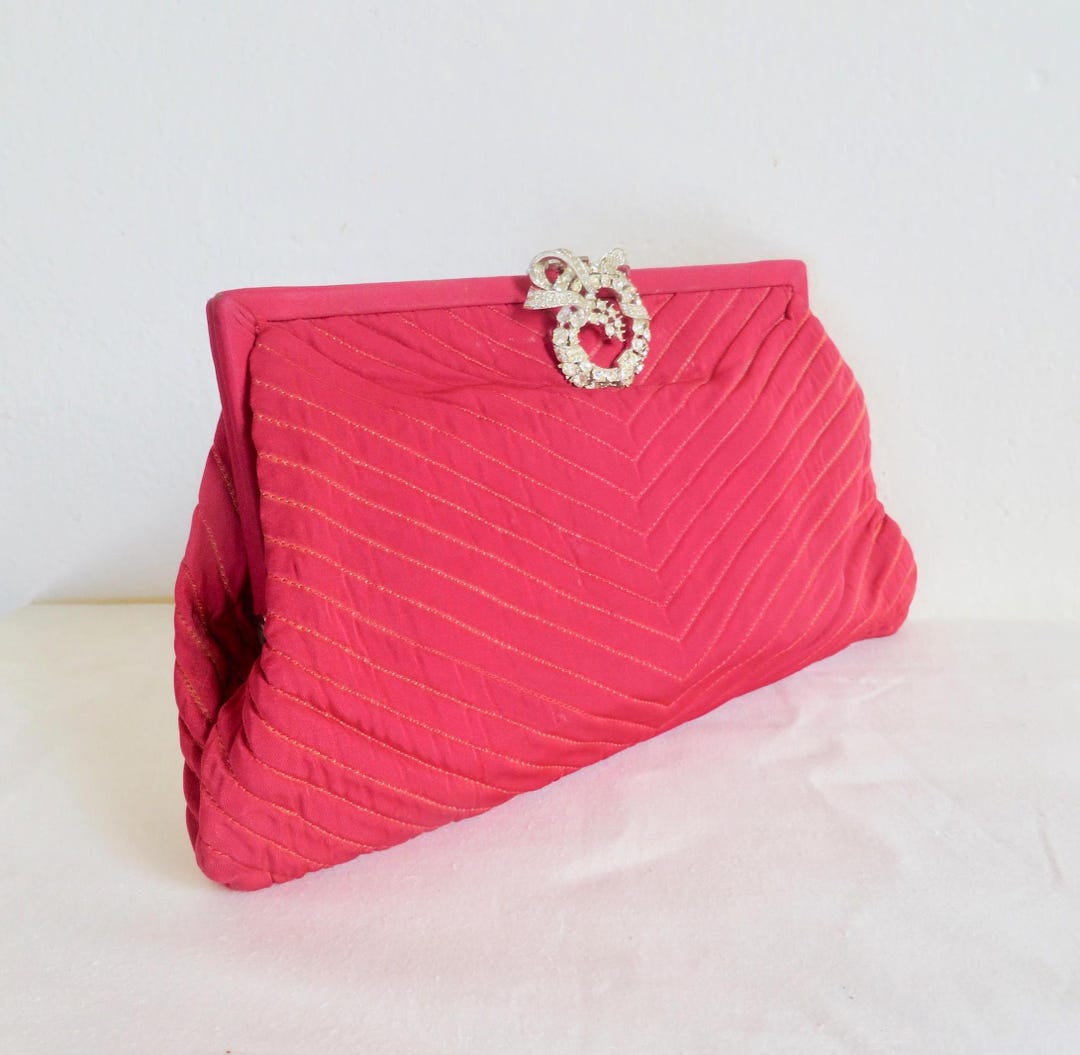 1950's Red Satin Quilted Evening Clutch Silver Rhinestone Clasp 50's ...