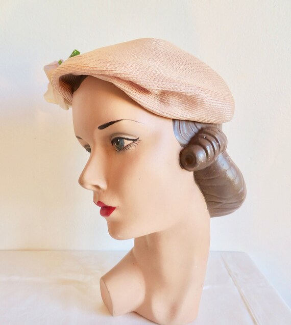 1960's Pastel Pink Straw Calot Hat with Fabric Roses … - Gem