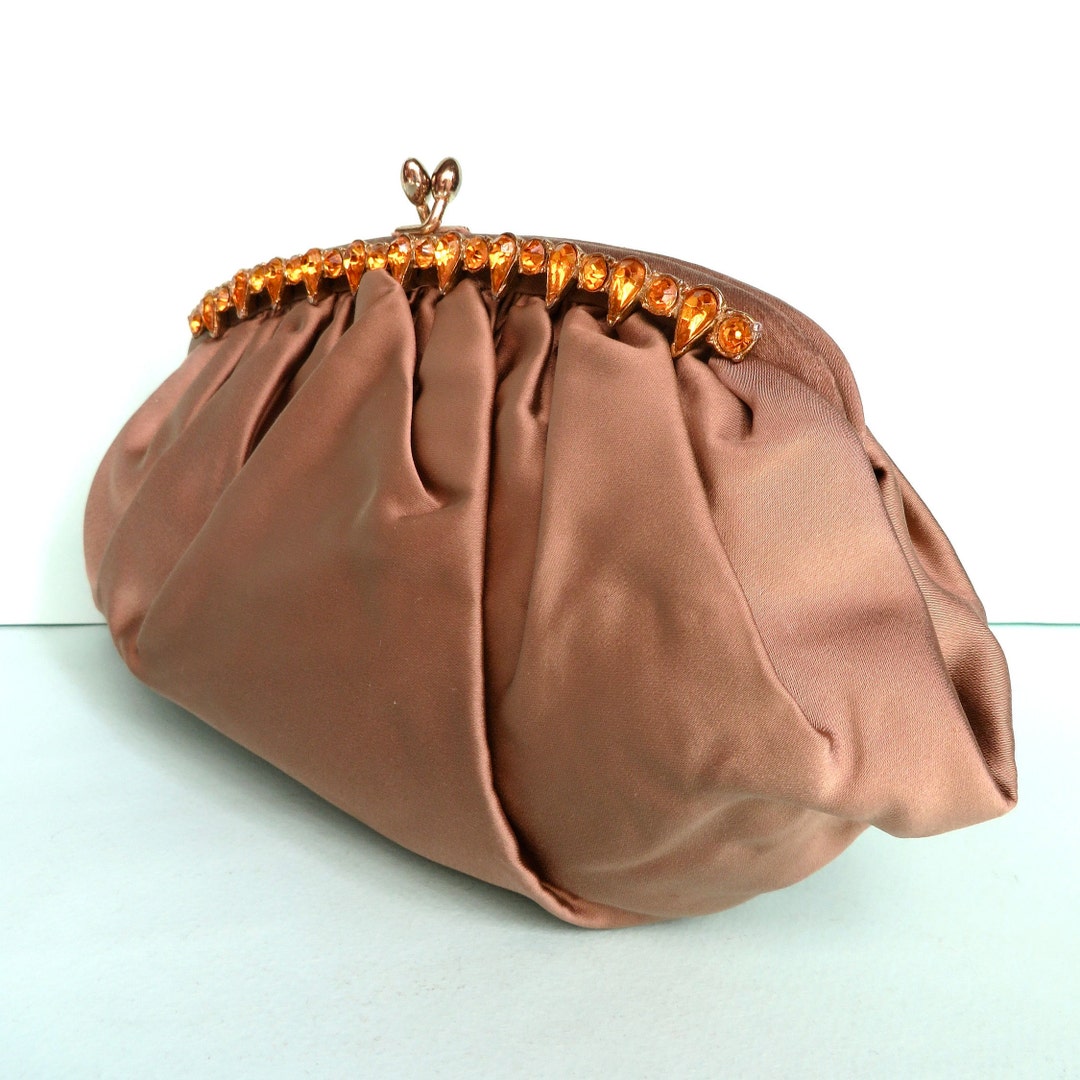 1950's Light Brown Caramel Satin Evening Clutch Yellow Rhinestones ...