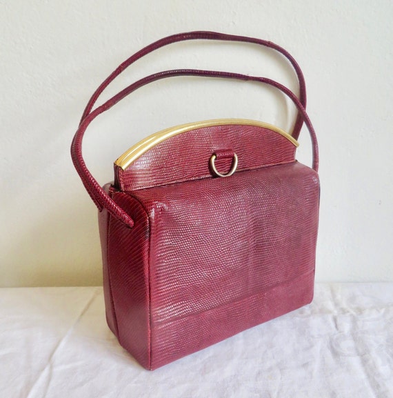 1950's Red Snakeskin Leather Structured Box Purse Top… - Gem