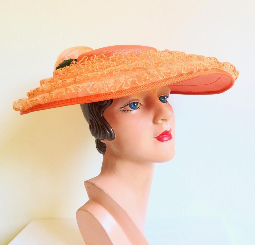 1950's Tangerine Orange Wide Brim Platter Hat With Silk Poppy Flowers ...
