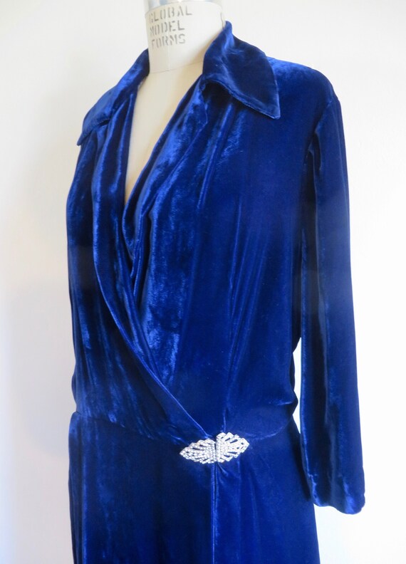 1930's Art Deco Royal Blue Silk Velvet Long Maxi Robe… - Gem