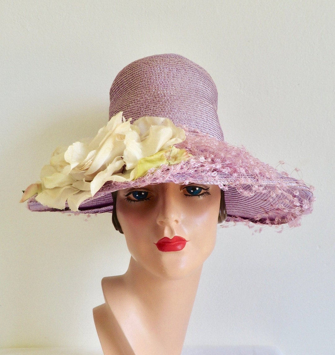 1960's Lavender Lilac Straw Wide Brim Hat High Crown Silk Flower Veil ...