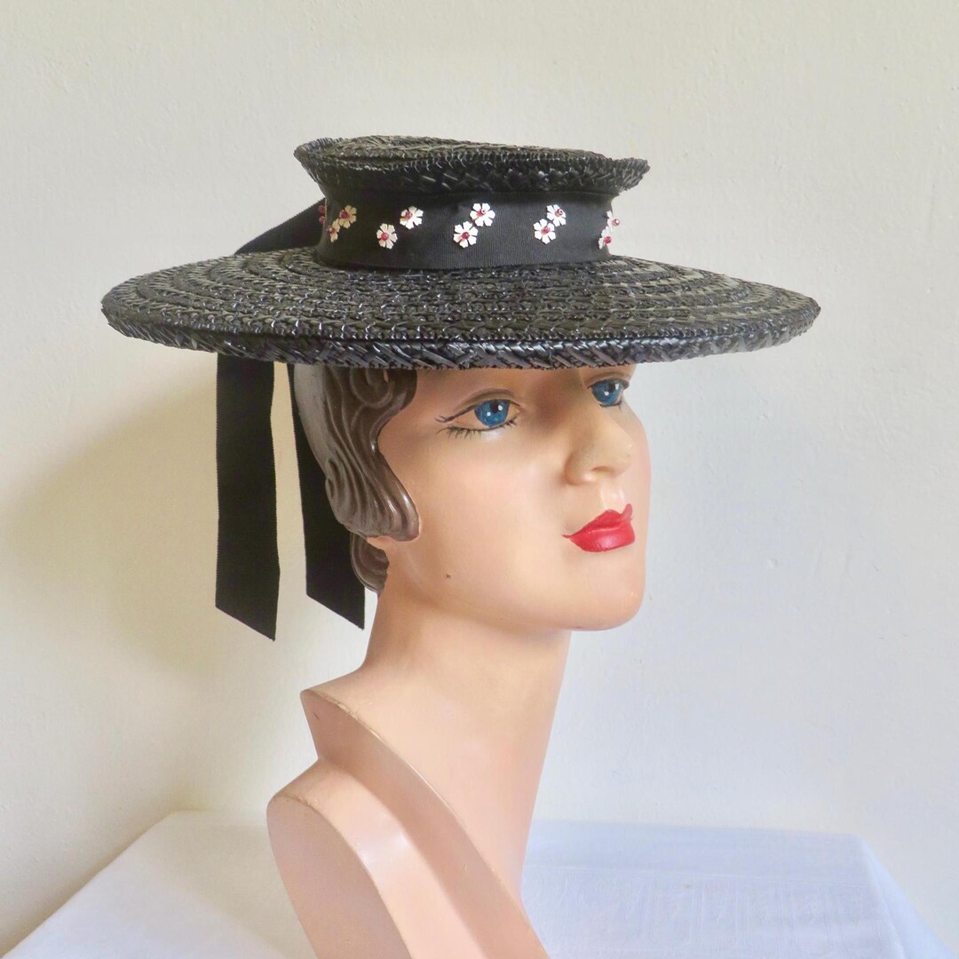 1940's 50's Black Straw Wide Brim Tilt Hat Shallow Crown Grosgrain ...