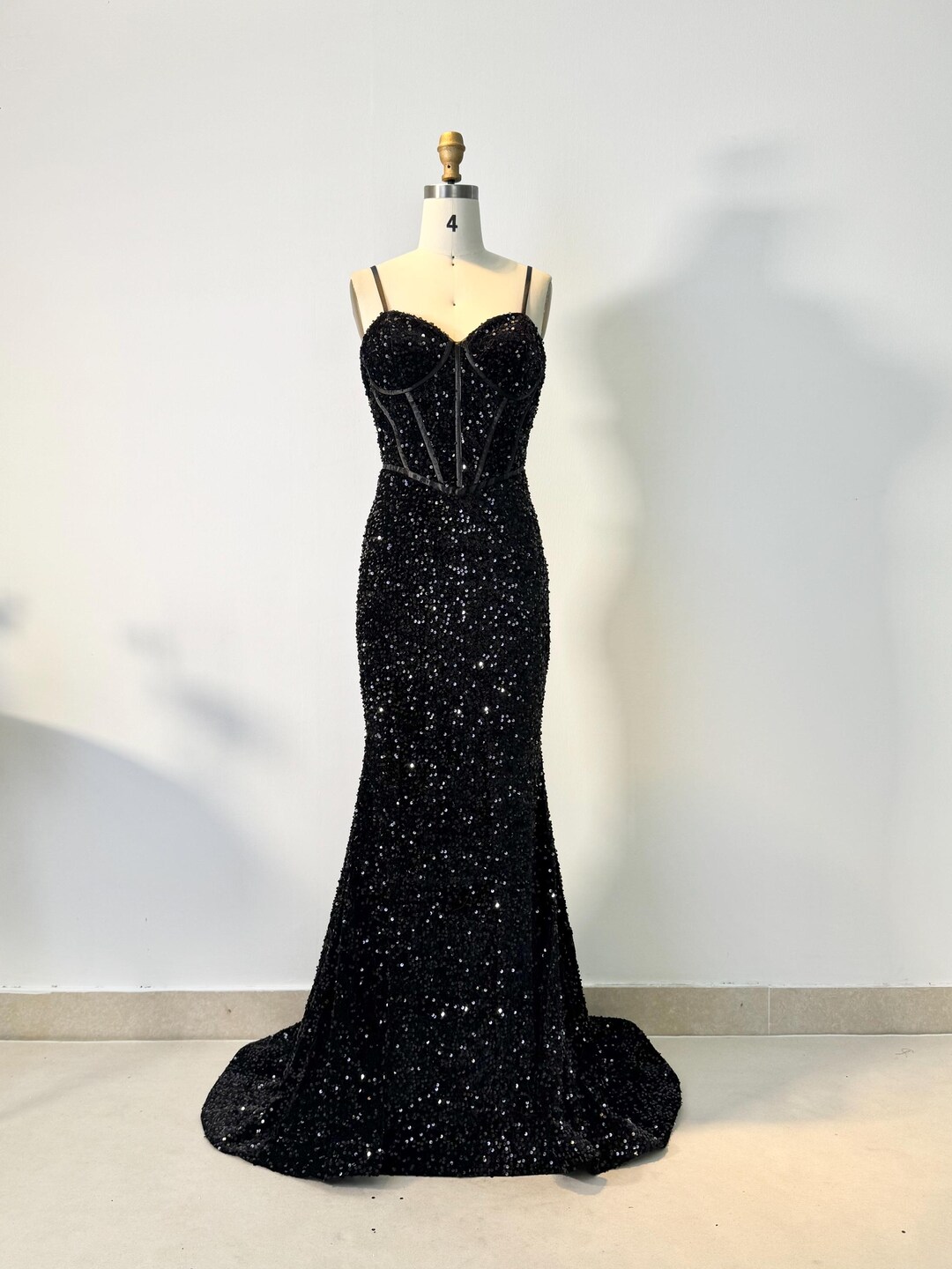 Black Sequin Evening Gown With Corset Bodice and Double Straps — a ...