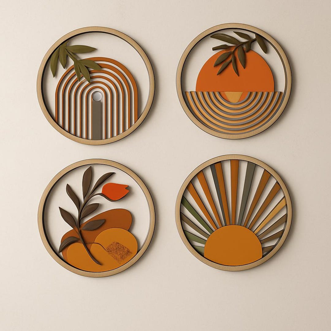 Set of Modern Boho Wooden Wall Art – Abstract Round Wall Decor | 19.5cm ...