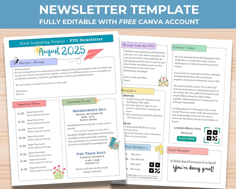 Editable School Newsletter Template: Front and Back Design (compatible ...
