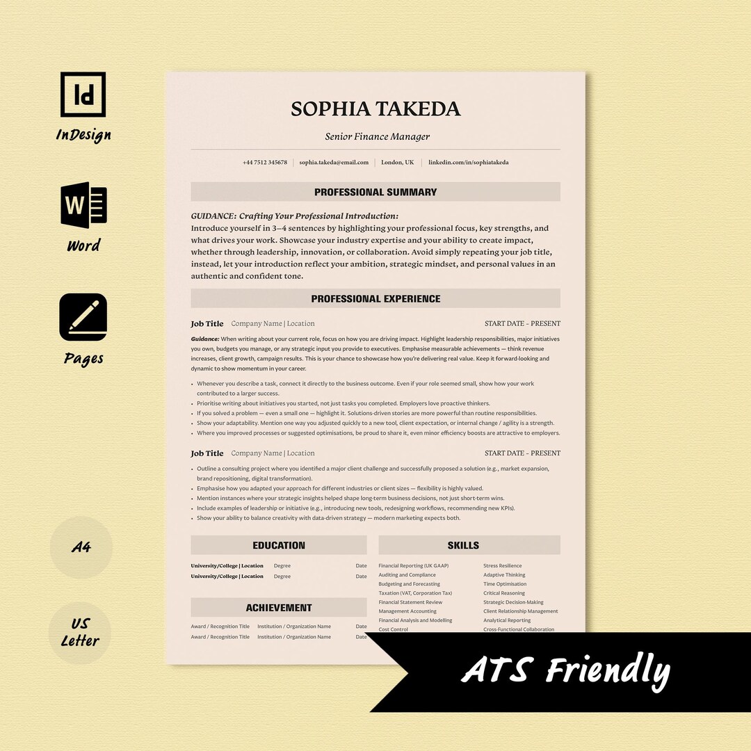 Modern ATS Friendly Resume Template, Editable CV for Word, Pages ...