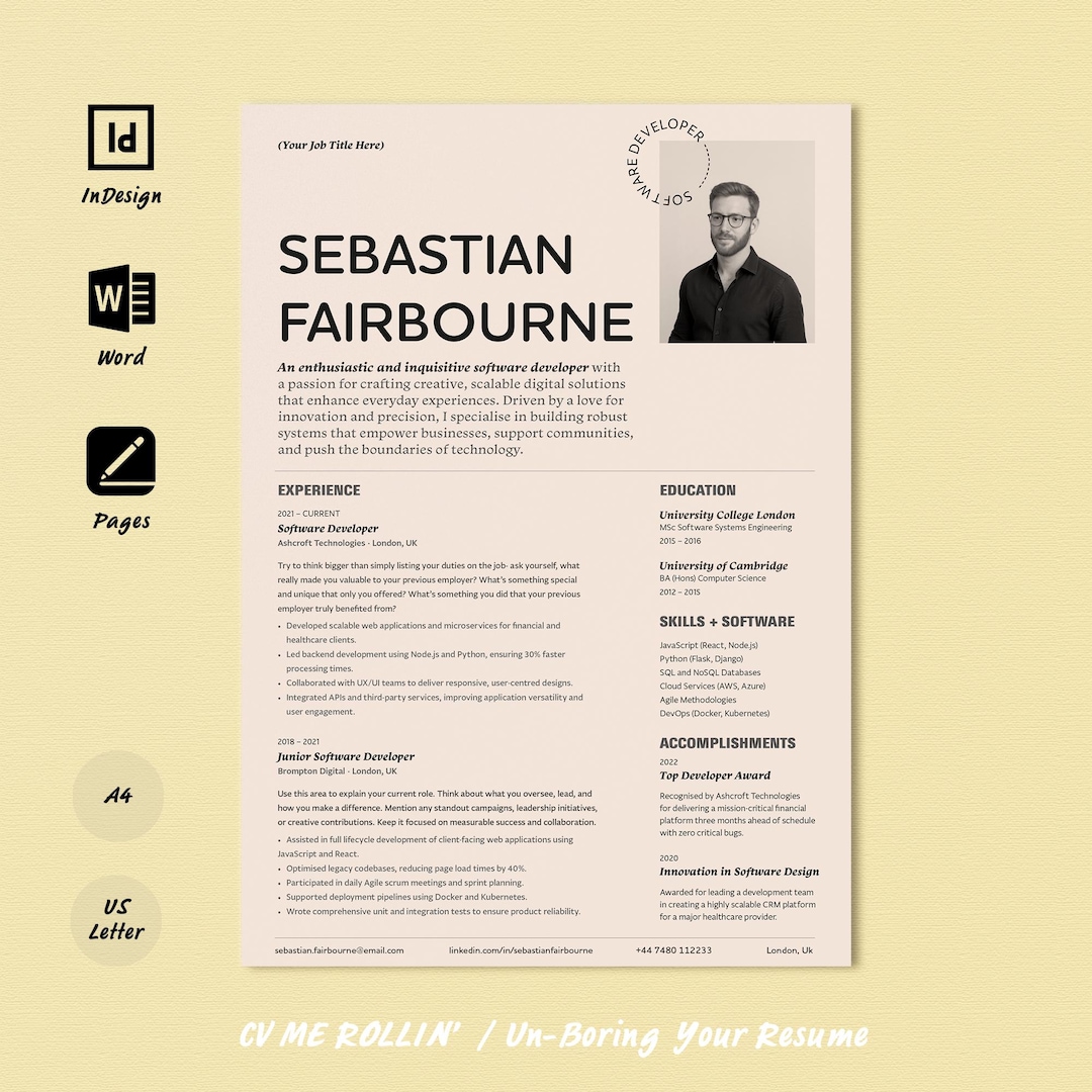 Modern Minimalistic Resume Template, Editable CV for Word, Pages ...
