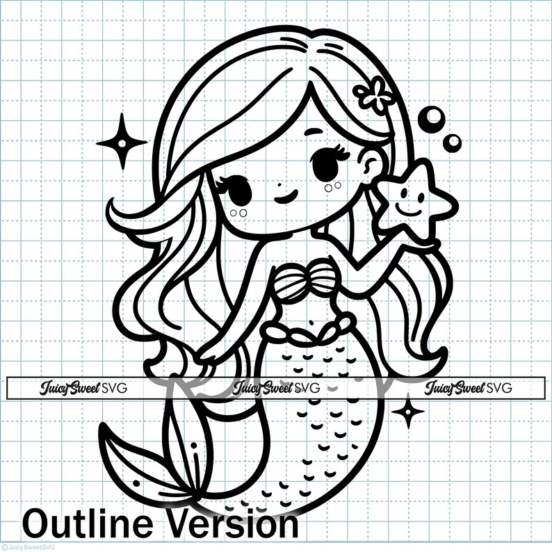 Cute Mermaid With Starfish - SVG Outline & Colored Design Set for ...