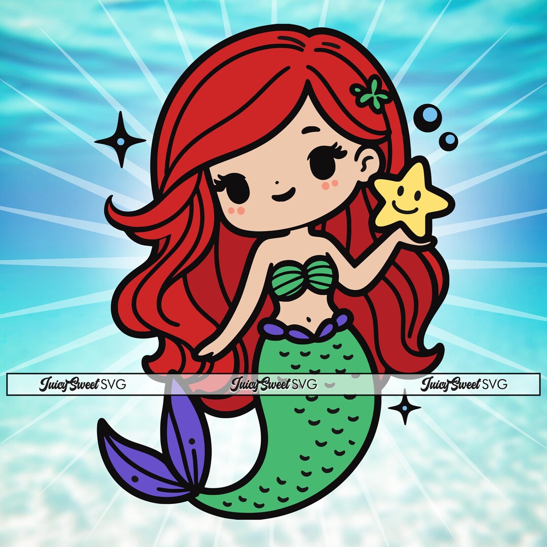 Cute Mermaid With Starfish - SVG Outline & Colored Design Set for ...