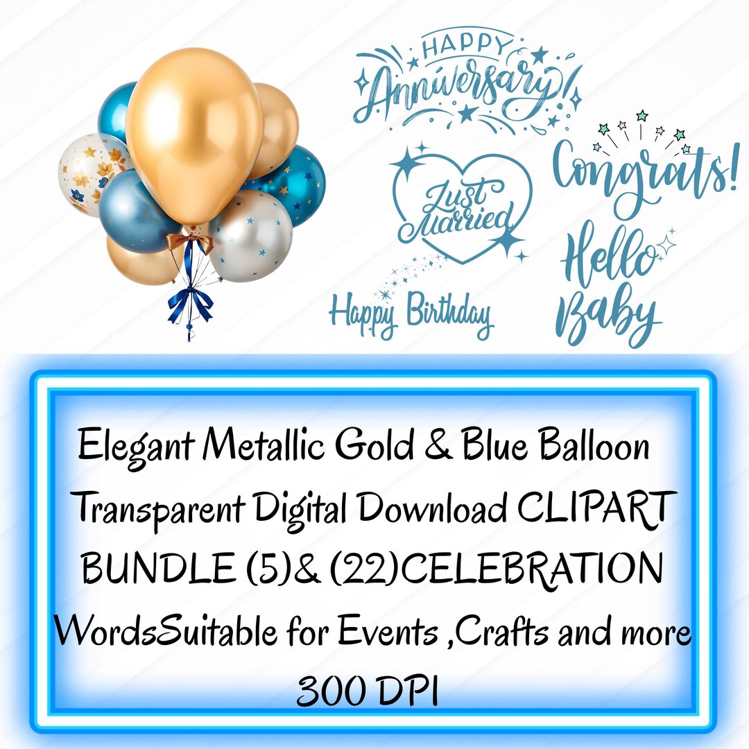Gold & Blue Watercolor Balloon Clipart Bundle: Celebration Pngs ...
