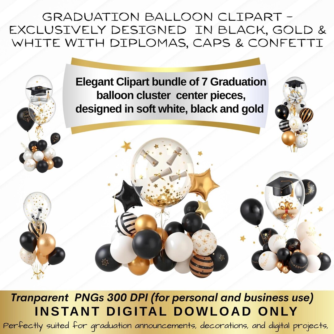 Graduation Balloon Clipart Bundle 7 Pngs Black Gold White With Caps ...