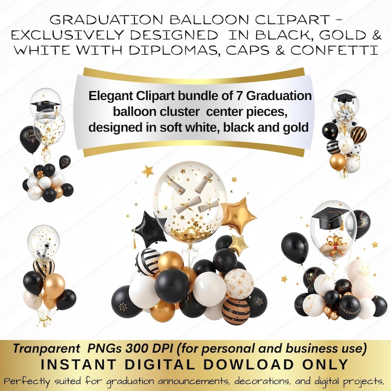 Graduation Balloon Clipart Bundle 7 Pngs Black Gold White With Caps ...