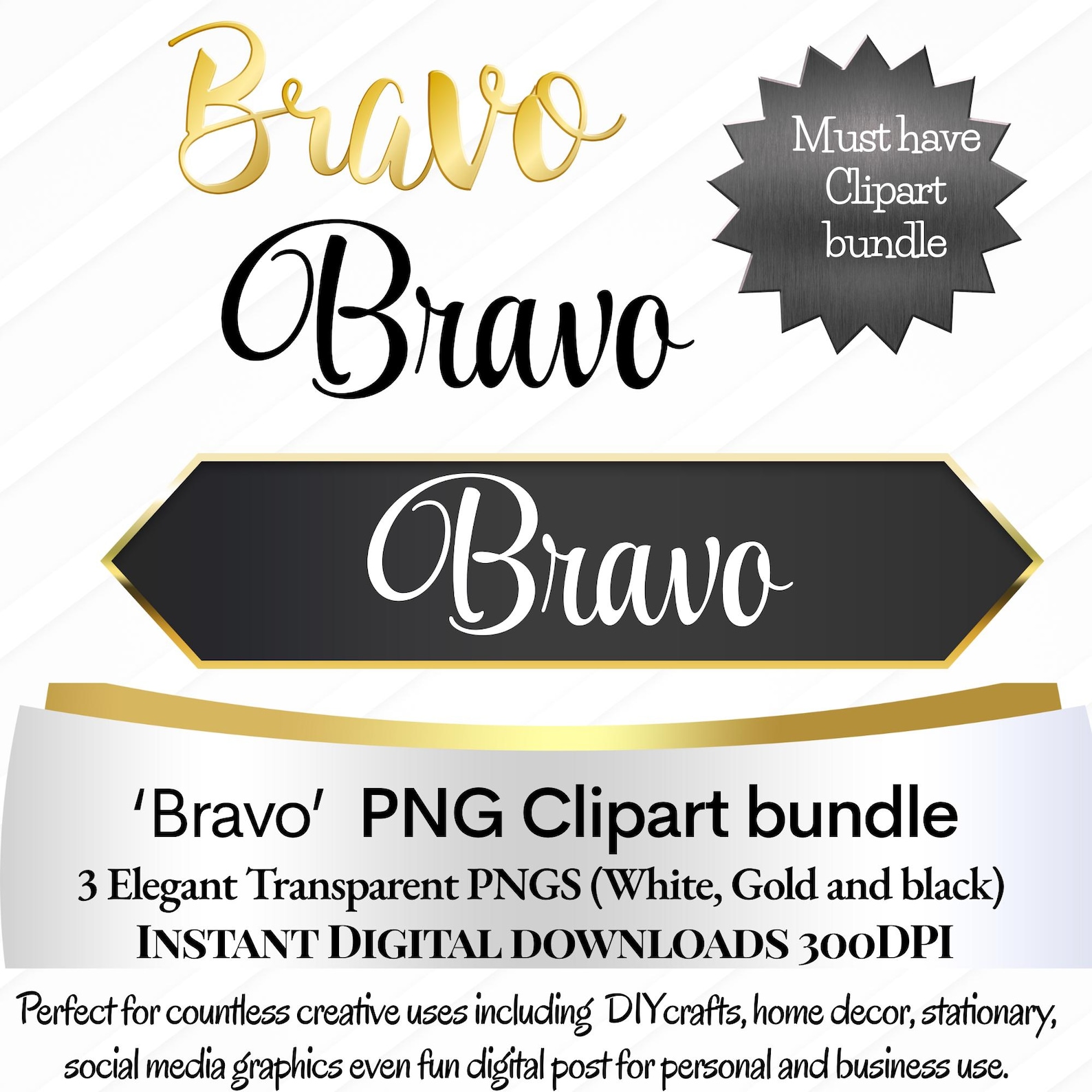 Bravo Word Art Clipart – Elegant Gold, Black & White Cursive Script PNG ...