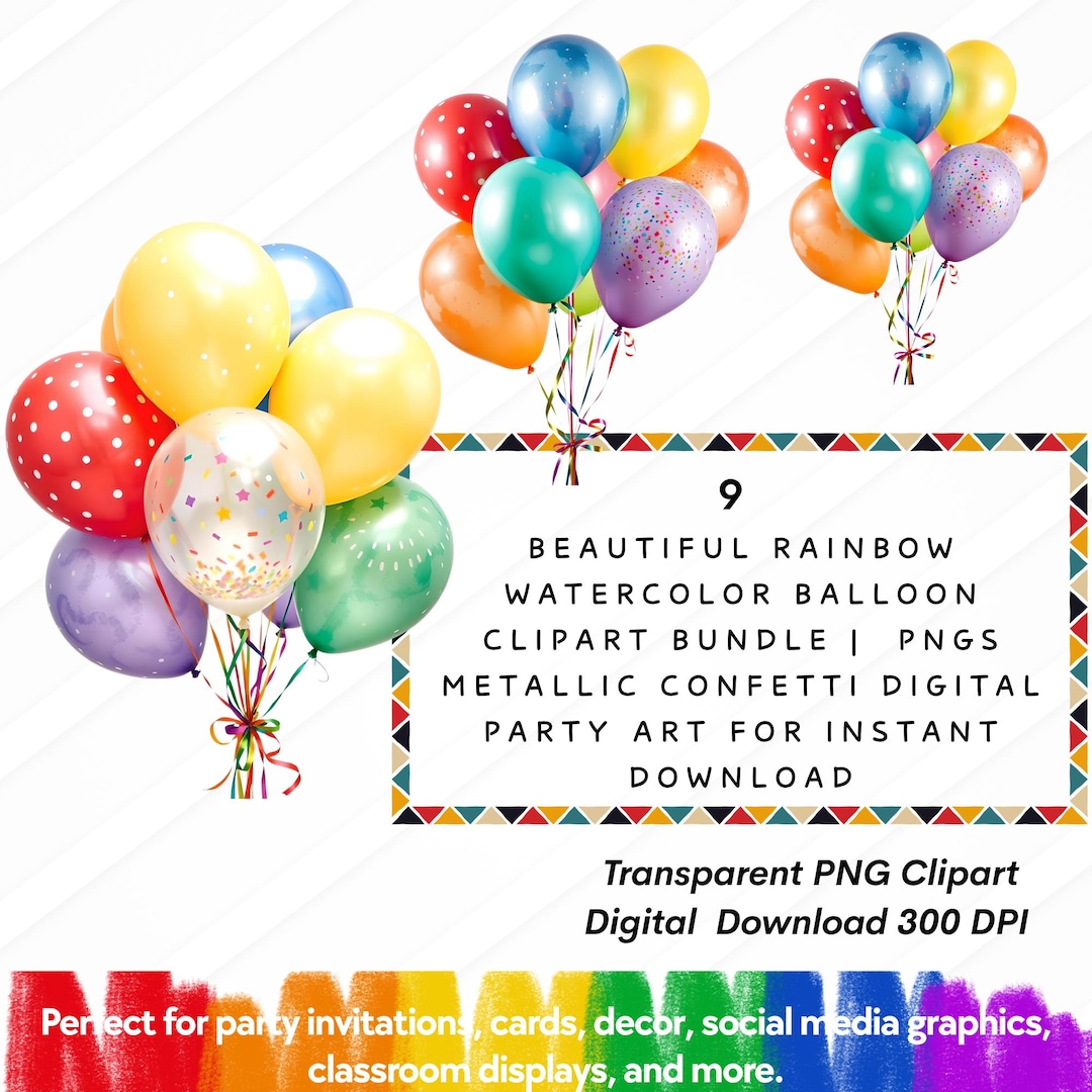 Watercolor Rainbow Balloon Clipart: Metallic Confetti PNG (digital ...