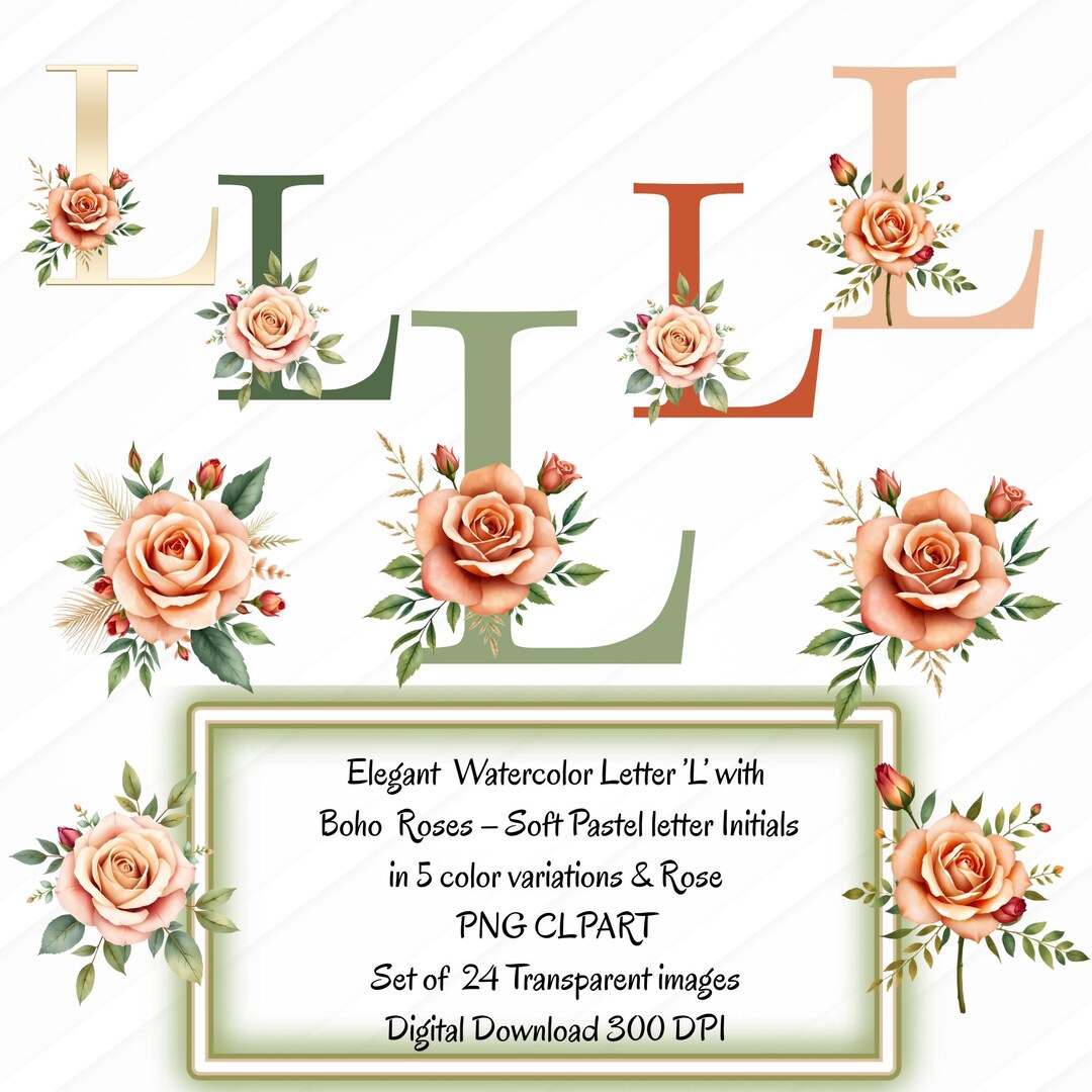 Boho Rose Letter L Monogram PNG Bundle: Watercolor Floral Clipart ...