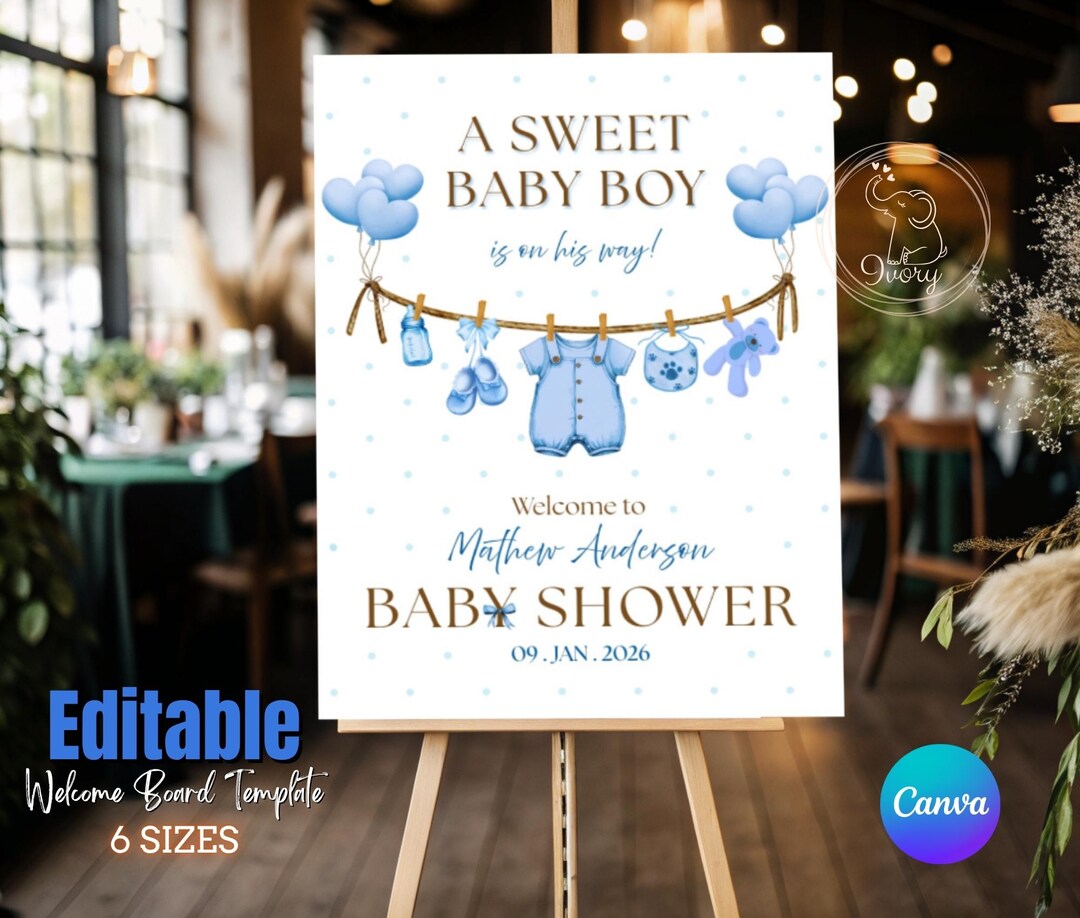 Editable Baby Boy Cloths Shower Welcome Sign: Blue Printable (canva ...