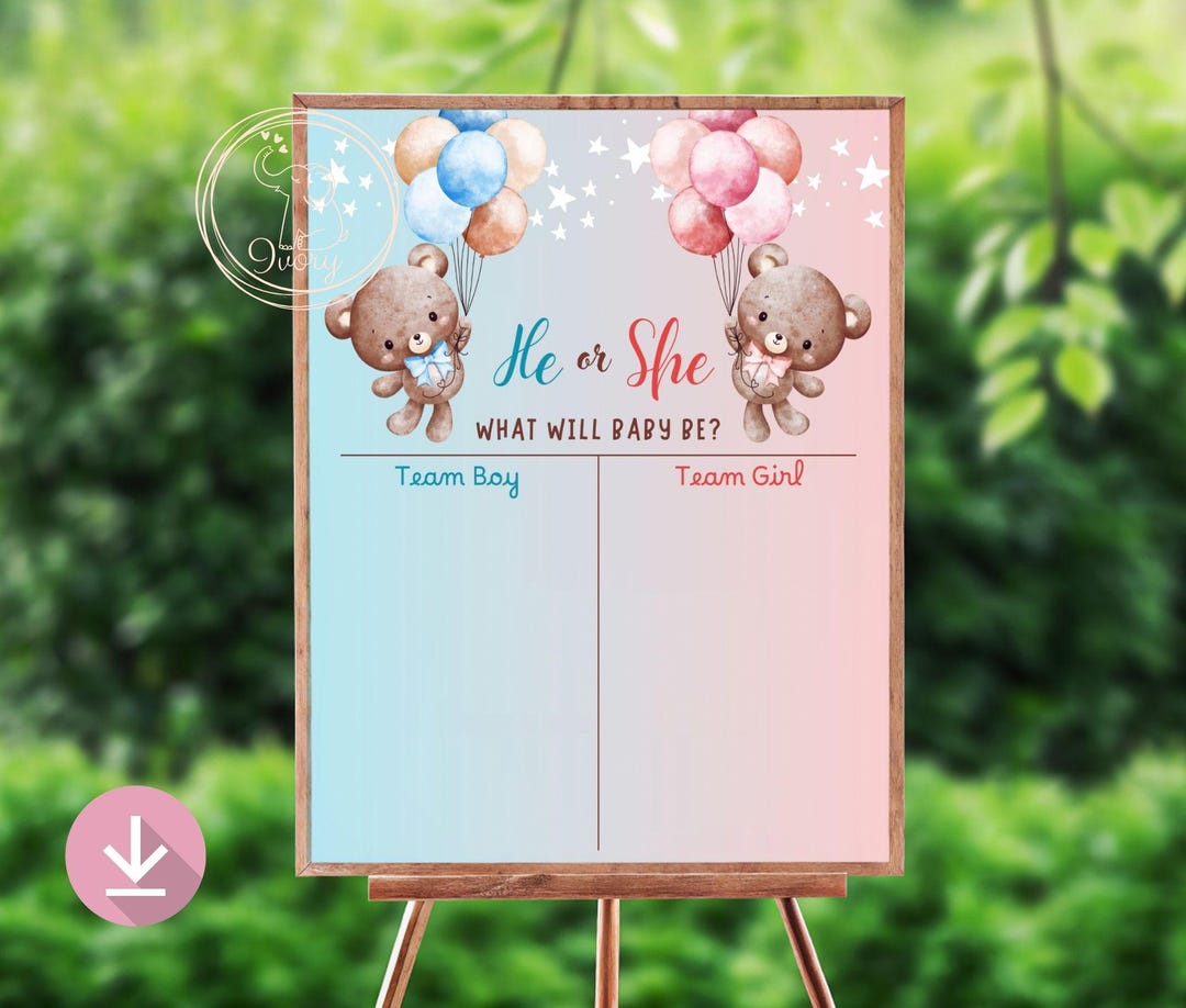 Teddy Bear Gender Reveal Sign: He or She Voting Banner (digital ...