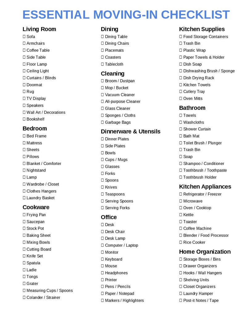 Essential Moving-in Checklist PDF | First Apartment Planner | Apartment ...